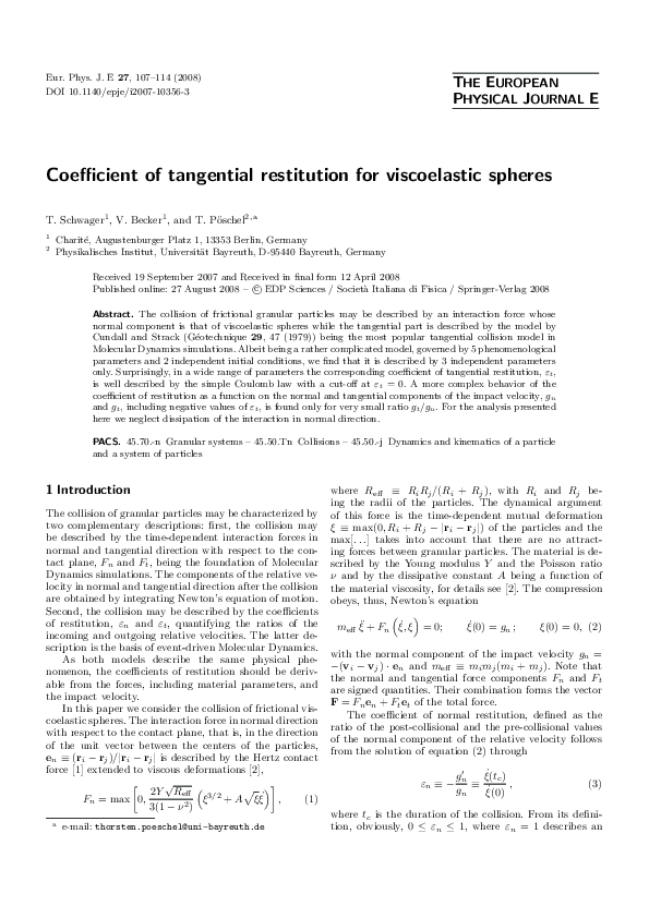 (PDF) Coefficient of tangential restitution for viscoelastic spheres