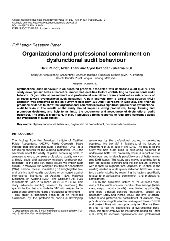 (PDF) Organizational and professional commitment on dysfunctional audit ...