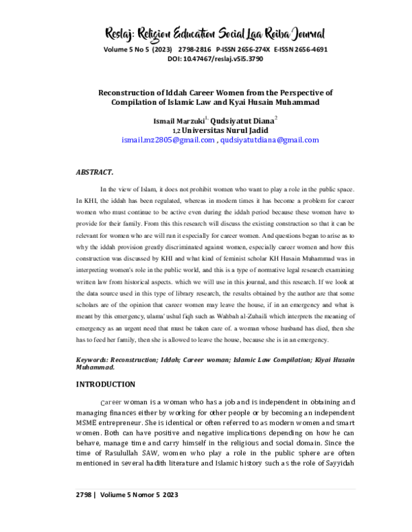 (PDF) Reconstruction of Iddah Career Women from the Perspective of ...