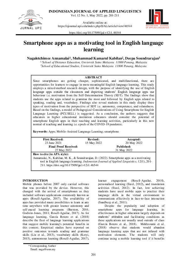 (PDF) Smartphone apps as a motivating tool in English language learning