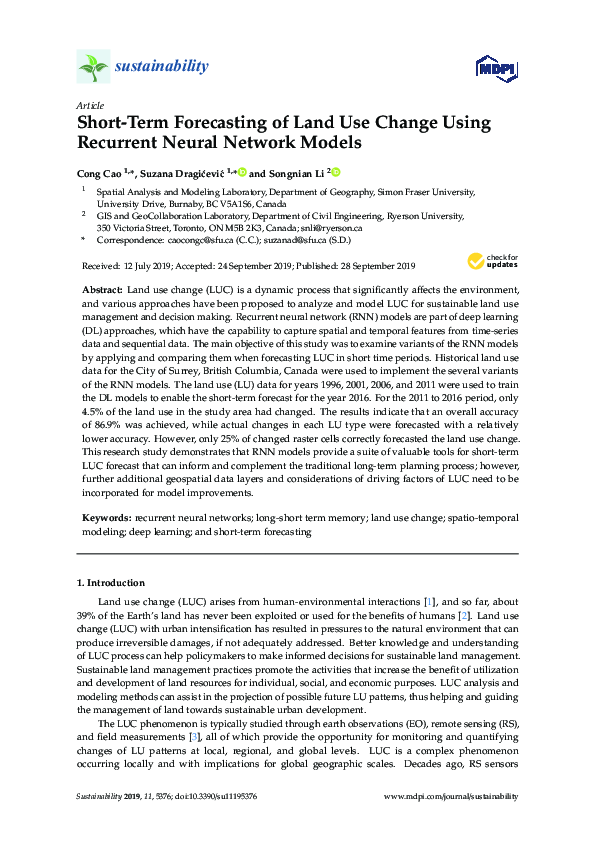 (PDF) Short-Term Forecasting of Land Use Change Using Recurrent Neural Network Models