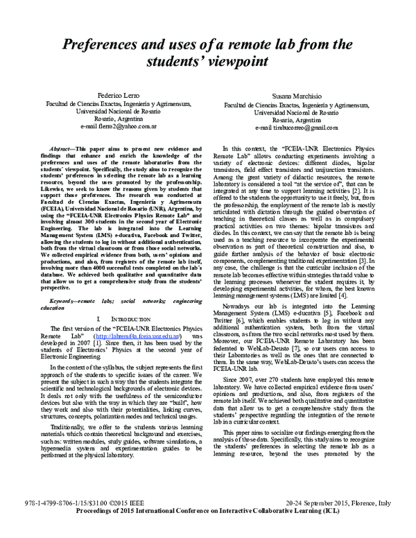 (PDF) Preferences and uses of a remote lab from the students' viewpoint
