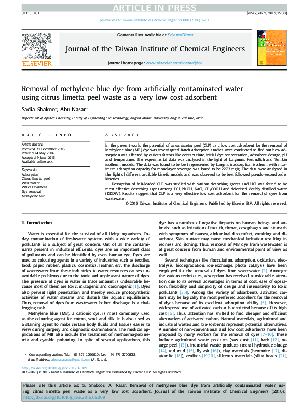 (PDF) Removal of methylene blue dye from artificially contaminated ...