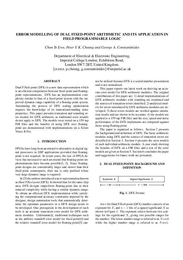 Error Modelling Of Dual Fixed Point Arithmetic And Its Application In Field Programmable Logic