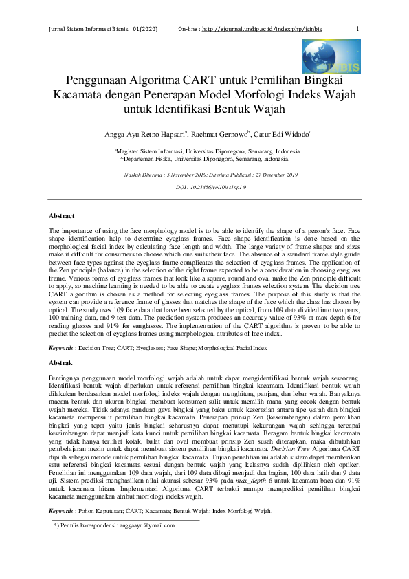 (PDF) Penggunaan Algoritma CART untuk Pemilihan Bingkai Kacamata dengan ...