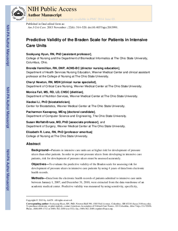 (PDF) Predictive Validity of the Braden Scale for Patients in Intensive ...