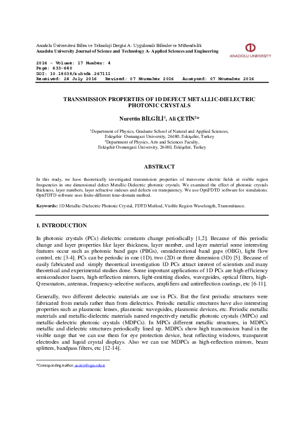 (PDF) Transmission Properties of 1D Defect Metallic-Dielectric Photonic ...