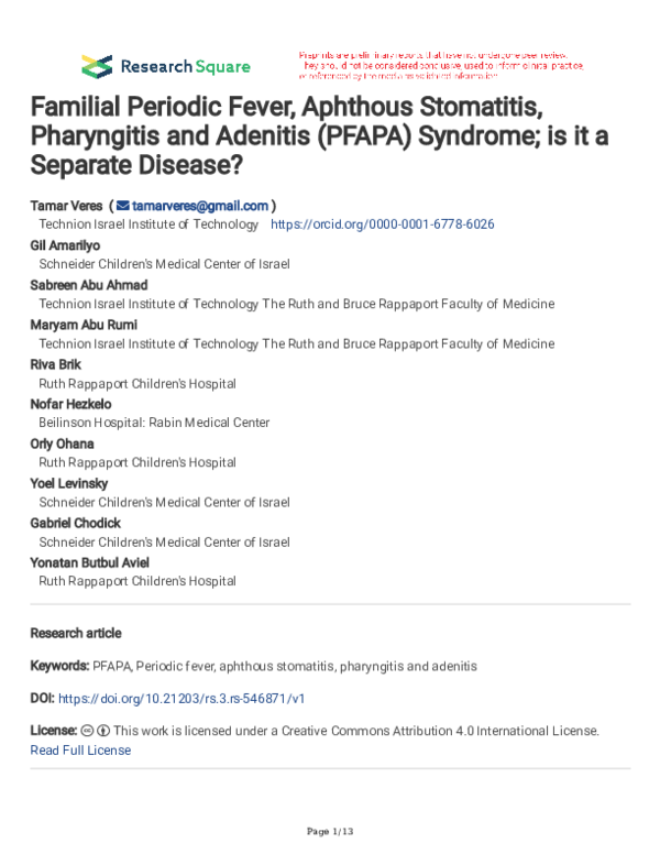 (PDF) Familial Periodic Fever, Aphthous Stomatitis, Pharyngitis and ...