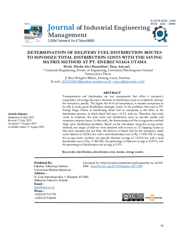 Pdf Determination Of Delivery Fuel Distribution Routes To Minimize Total Distribution Costs