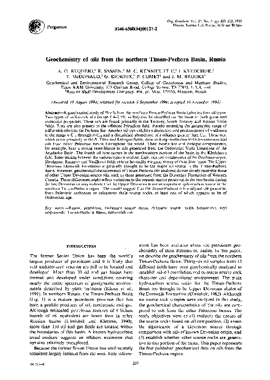 (PDF) Geochemistry of oils from the northern Timan-Pechora Basin, Russia