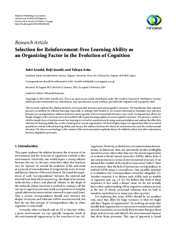 (PDF) Selection for Reinforcement-Free Learning Ability as an Organizing Factor in the Evolution ...
