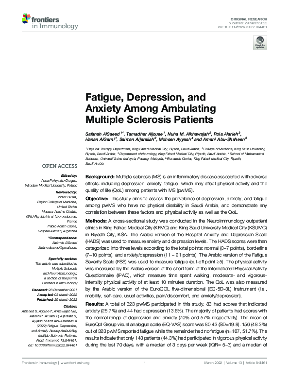 (PDF) Fatigue, Depression, and Anxiety Among Ambulating Multiple Sclerosis Patients