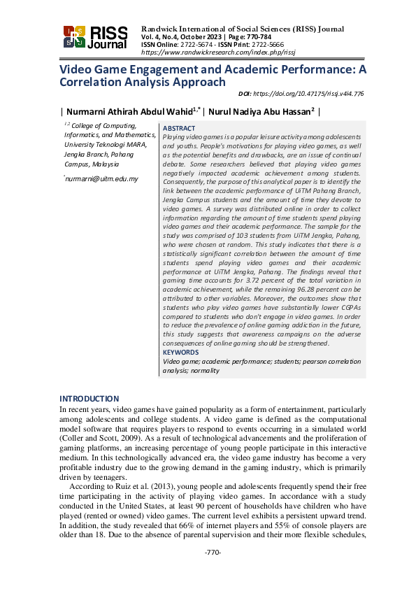 (PDF) Video Game Engagement and Academic Performance: A Correlation ...