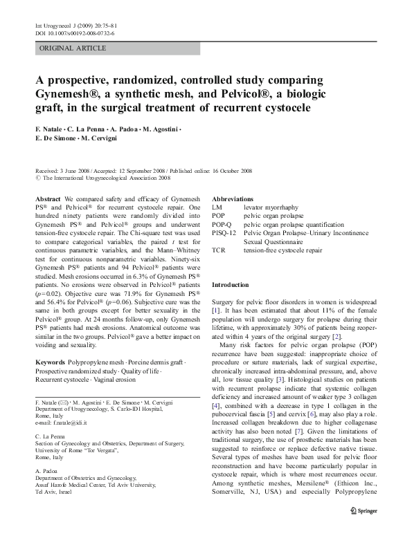(PDF) A prospective, randomized, controlled study comparing Gynemesh®, a synthetic mesh, and ...