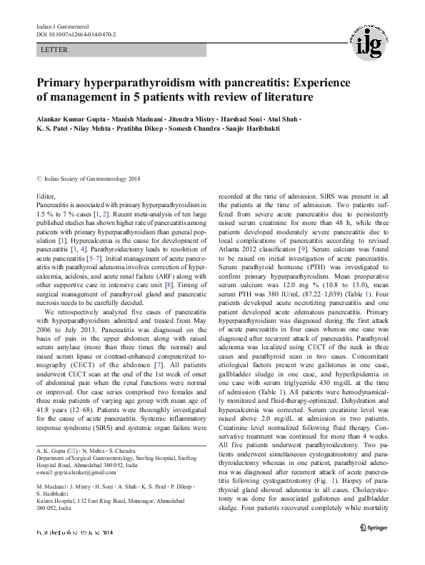(PDF) Primary hyperparathyroidism with pancreatitis: Experience of management in 5 patients with ...