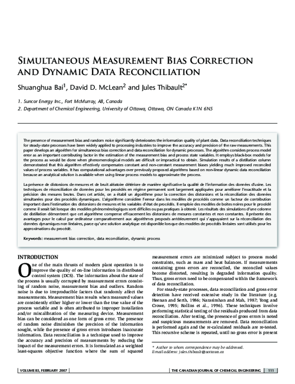 Pdf Simultaneous Measurement Bias Correction And Dynamic Data Reconciliation