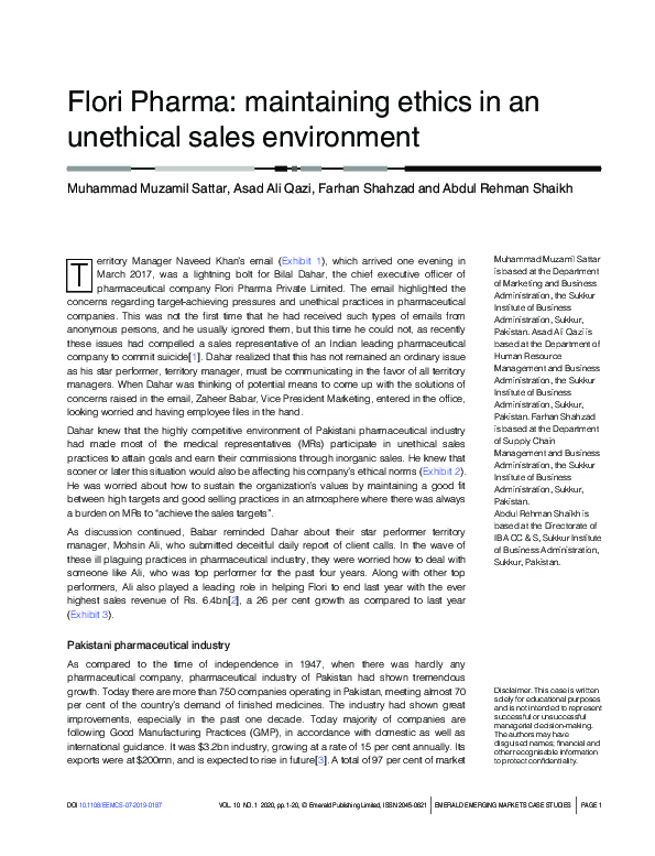 (PDF) Flori Pharma: maintaining ethics in an unethical sales environment