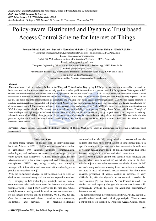 Pdf Policy Aware Distributed And Dynamic Trust Based Access Control Scheme For Internet Of Things