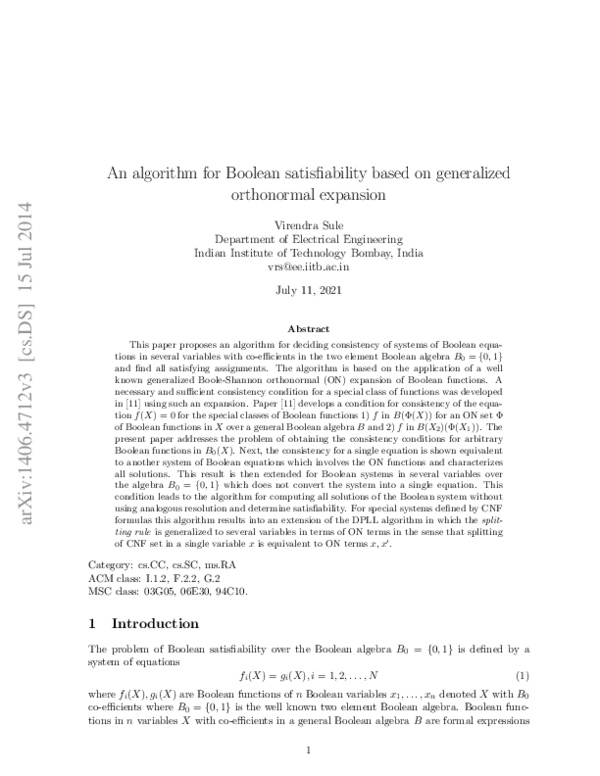 Pdf An Algorithm For Boolean Satisfiability Based On Generalized Orthonormal Expansion 