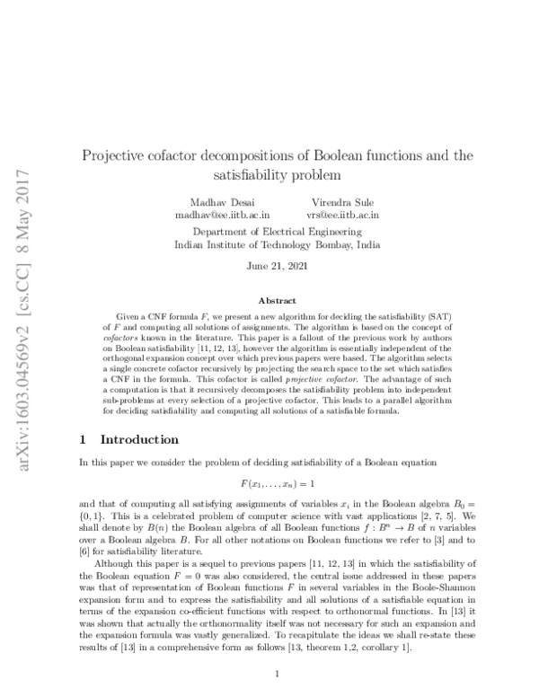 Pdf Projective Cofactor Decompositions Of Boolean Functions And The Satisfiability Problem