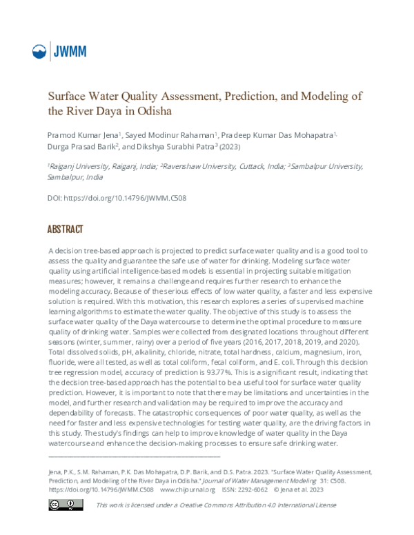(PDF) Surface Water Quality Assessment, Prediction, and Modeling of the River Daya in Odisha