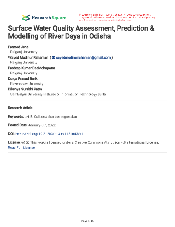 (PDF) Surface Water Quality Assessment, Prediction & Modelling of River Daya in Odisha