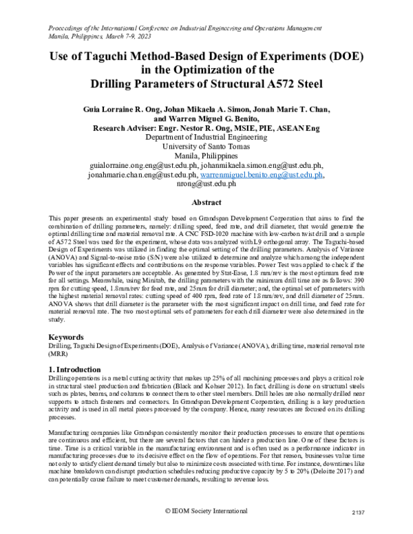 (PDF) Use of Taguchi Method-Based Design of Experiments (DOE)in the Optimization of the Drilling ...