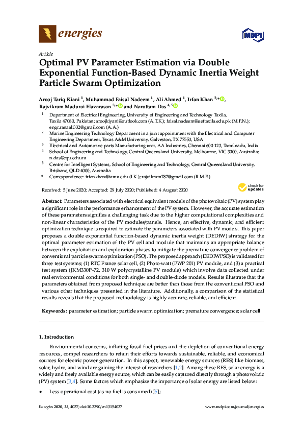 Pdf Optimal Pv Parameter Estimation Via Double Exponential Function
