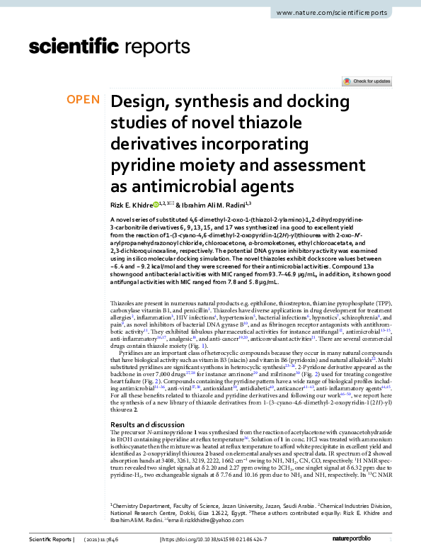 (PDF) Design, synthesis and docking studies of novel thiazole derivatives incorporating pyridine ...