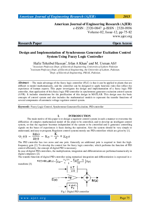 Pdf Design And Implementation Of Synchronous Generator Excitation Control System Using Fuzzy