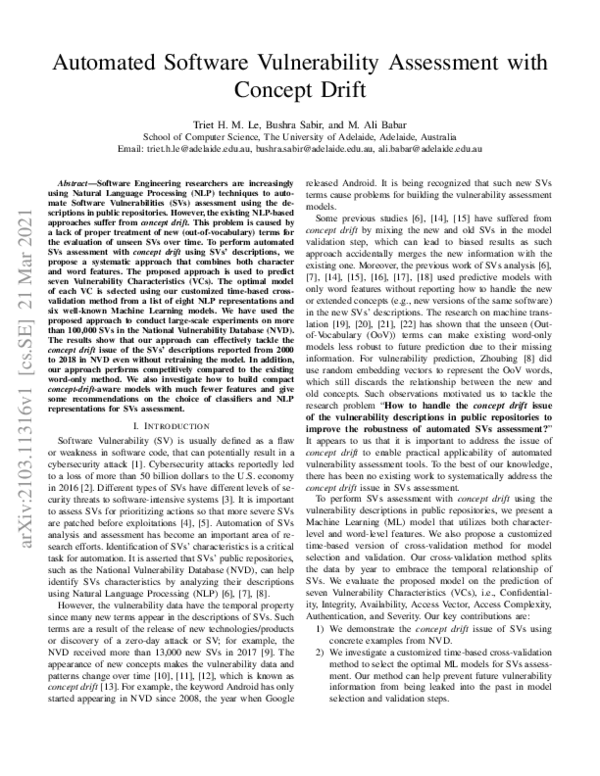 Pdf Automated Software Vulnerability Assessment With Concept Drift Crest The Centre For