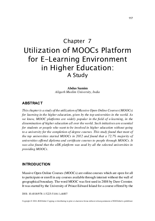 (PDF) Utilization of MOOCs Platform for E-Learning Environment in Higher Education
