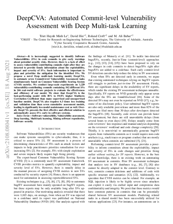(PDF) DeepCVA: Automated Commit-level Vulnerability Assessment with Deep Multi-task Learning