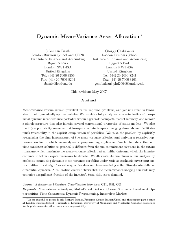 Pdf Dynamic Mean Variance Asset Allocation