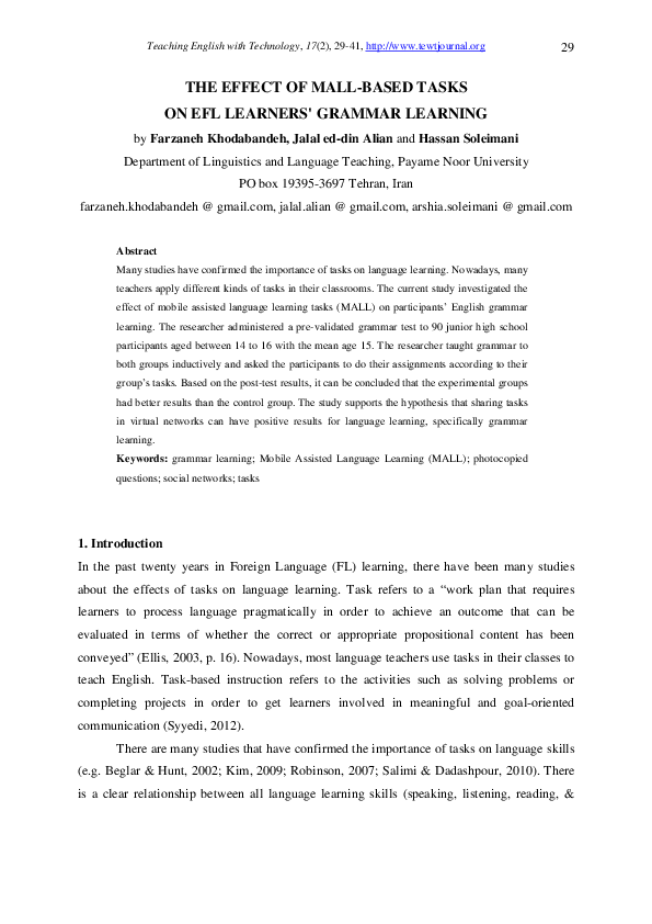 (PDF) The Effect of Mall-Based Tasks on Efl Learners' Grammar Learning | farzaneh khodabandeh ...
