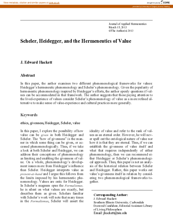 (PDF) Scheler, Heidegger and the Hermeneutics of Value