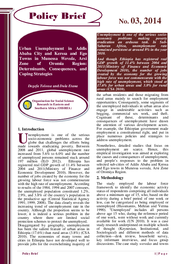 (PDF) Urban Unemployment in Addis Ababa City and Kerssa and Ego Towns ...