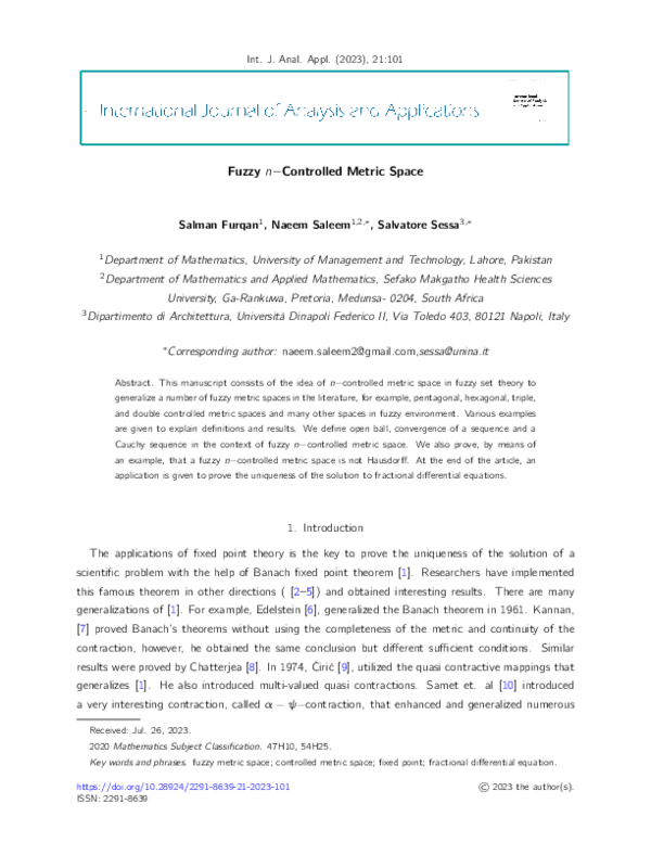 (PDF) Fuzzy n−Controlled Metric Space