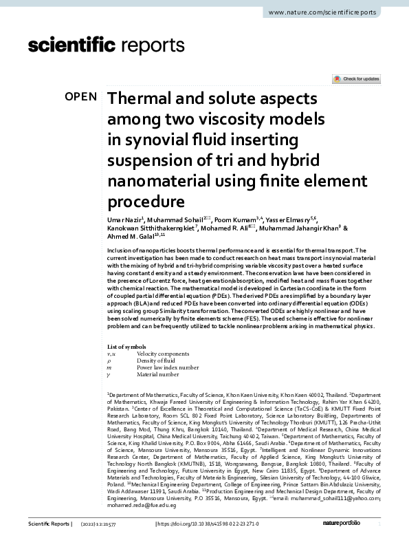 (PDF) Thermal and solute aspects among two viscosity models in synovial fluid inserting ...