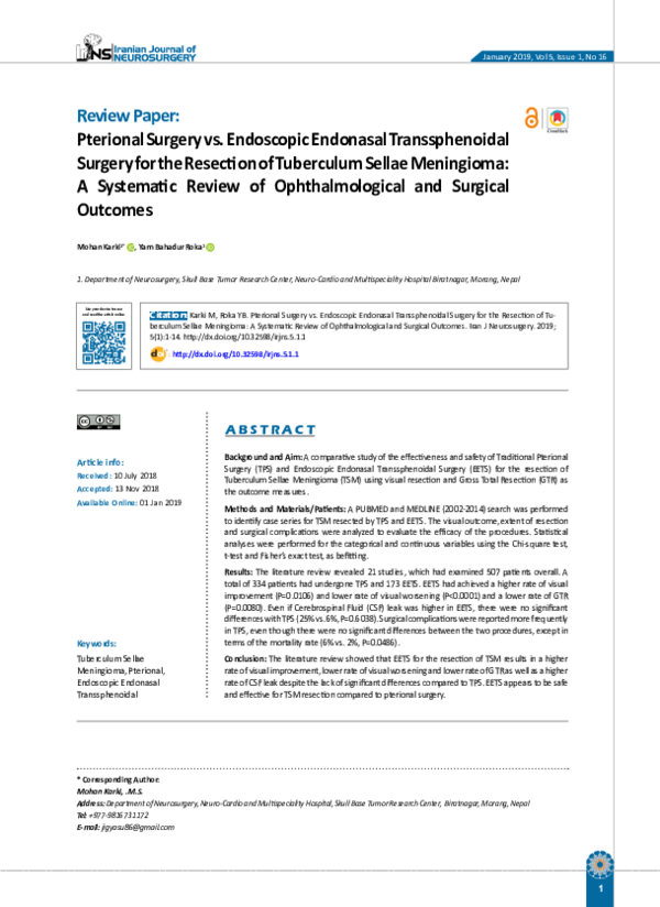 Pdf Pterional Surgery Vs Endoscopic Endonasal Transsphenoidal Surgery For The Resection Of