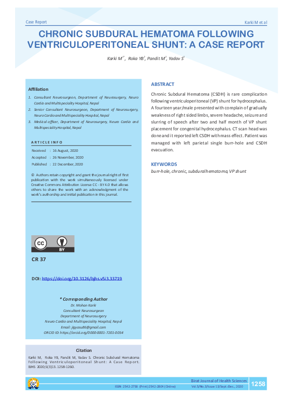 (PDF) Chronic subdural hematoma following ventriculoperitoneal shunt: A case report | Yam Roka ...