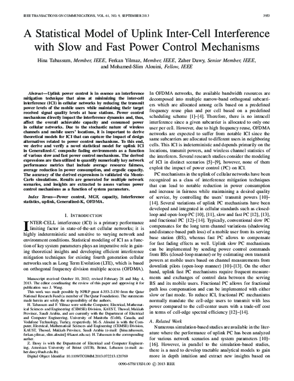 Pdf A Statistical Model Of Uplink Inter Cell Interference With Slow And Fast Power Control