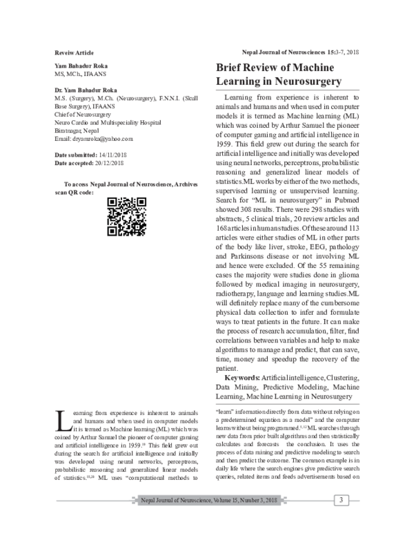 Pdf Brief Review Of Machine Learning In Neurosurgery