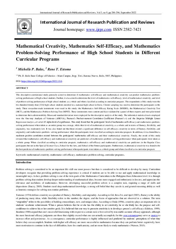 (PDF) Mathematical Creativity, Mathematics Self-Efficacy, and Mathematics Problem-Solving ...