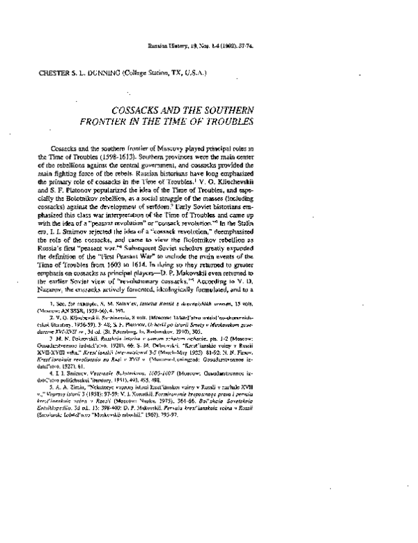 (PDF) Cossacks and the Southern Frontier in the Time of Tr o uBles