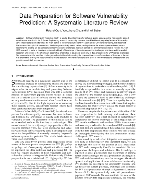 Pdf Data Preparation For Software Vulnerability Prediction A Systematic Literature Review