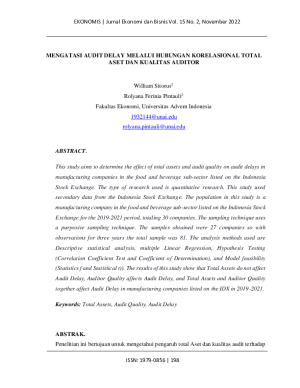 (PDF) Overcoming Audit Delay Through Total Assets and Auditor Quality Correlational Relationships