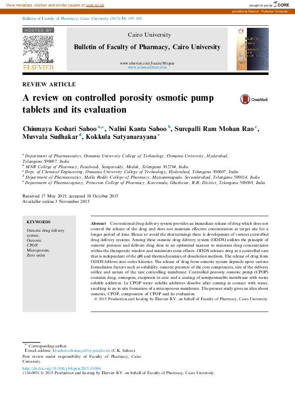 Pdf A Review On Controlled Porosity Osmotic Pump Tablets And Its Evaluation