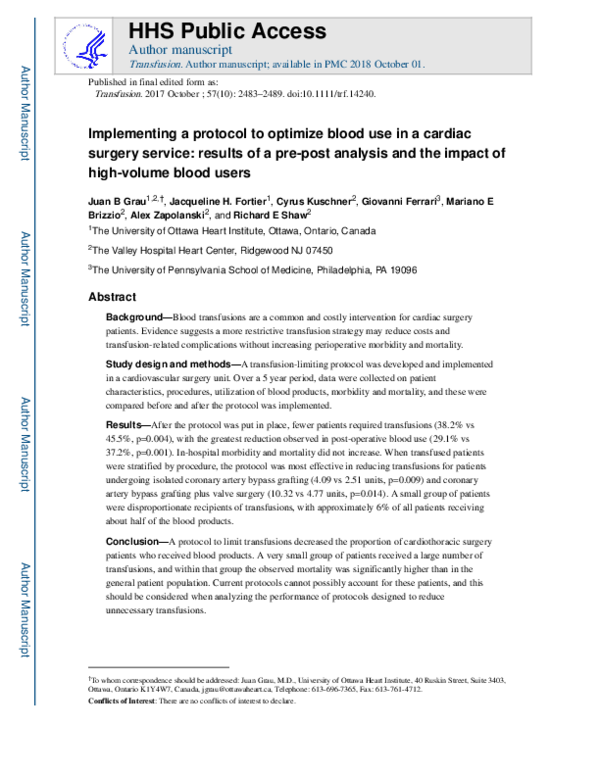 (PDF) Implementing a protocol to optimize blood use in a cardiac surgery service: results of a ...