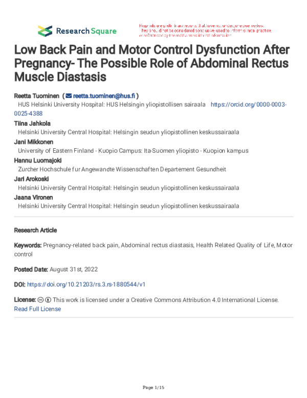 (PDF) Low Back Pain and Motor Control Dysfunction After Pregnancy- The ...